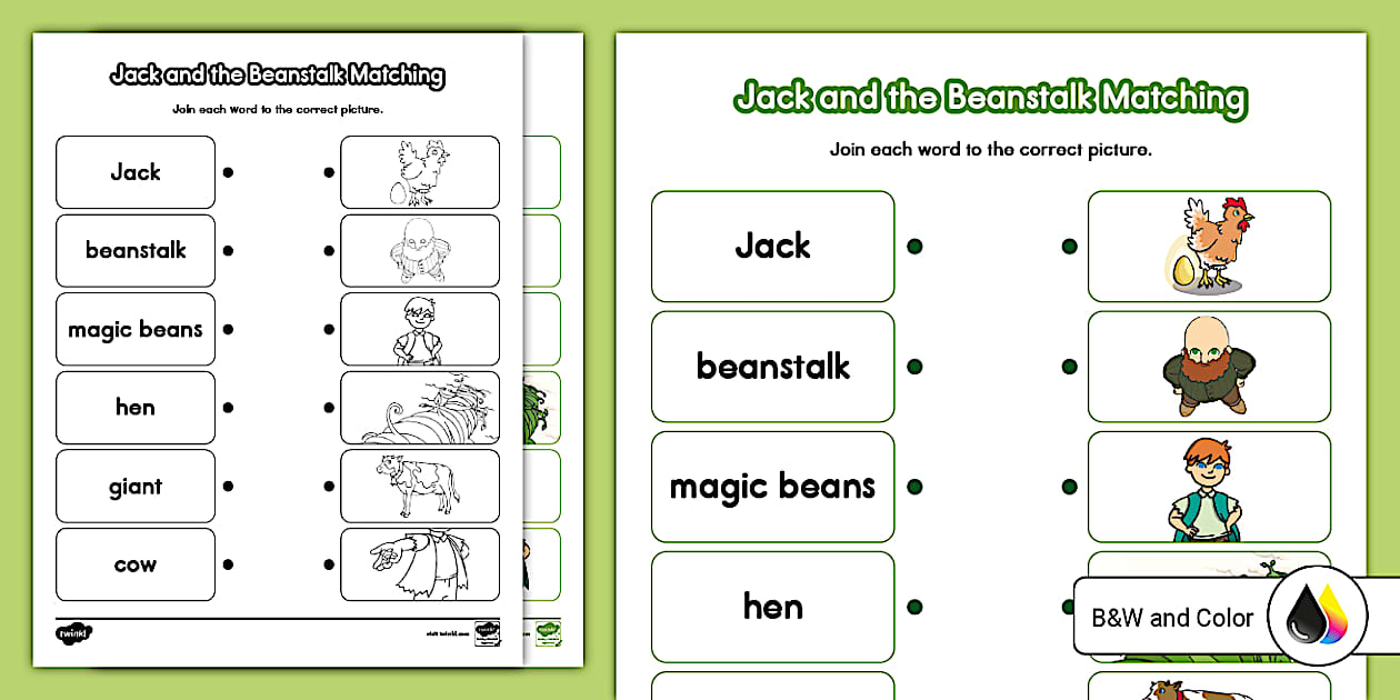 Jack and the Beanstalk Word and Picture Matching Worksheet