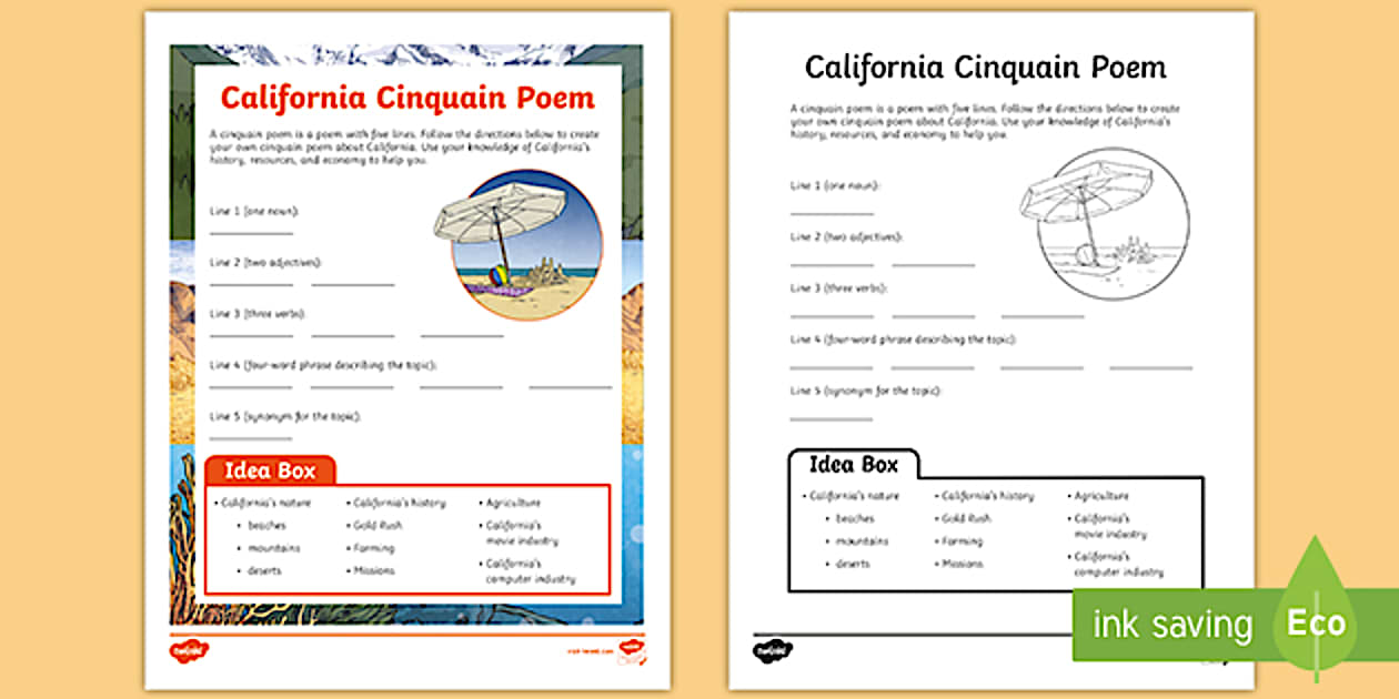 California Cinquain Poem Worksheet - Twinkl