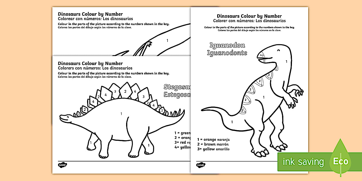 Dinosaurs Colour by Number English/Spanish - Twinkl
