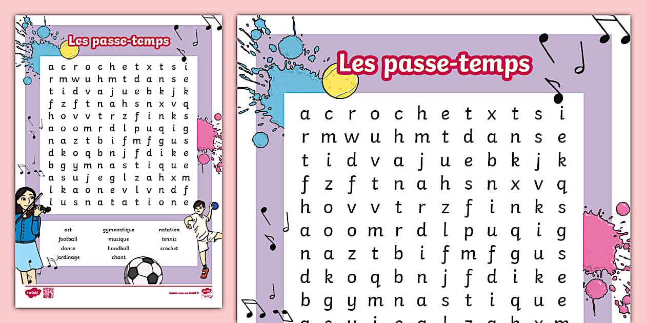 Mots mêlés : Les passe-temps - Twinkl Français - Twinkl