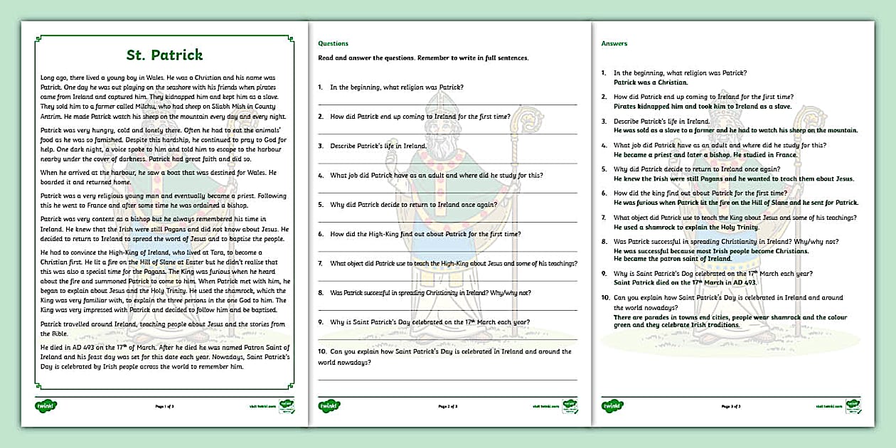 Black and White Saint Patrick Comprehension Activity Third and Fourth Class
