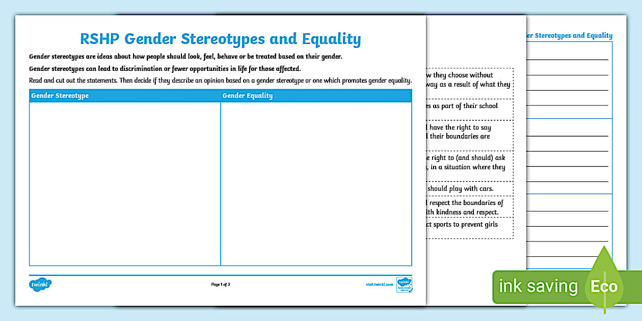 RSHP Gender Stereotypes and Equality Activity Sheet - Twinkl