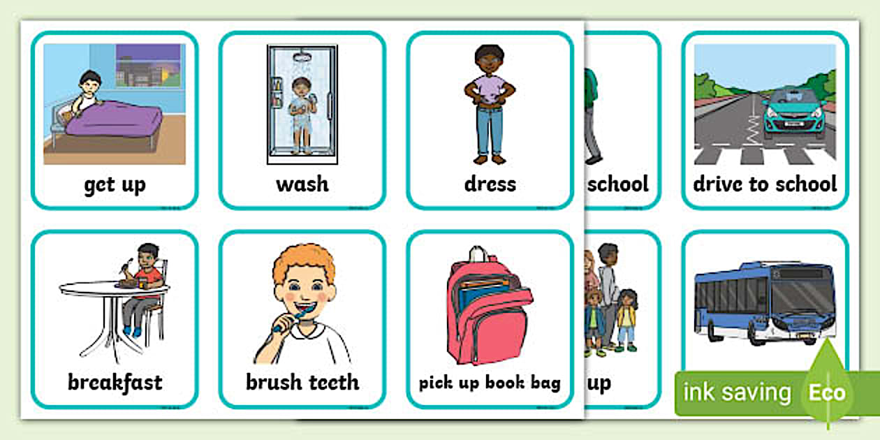 Black and White Visual Timetable (Getting Ready For School - Boys)