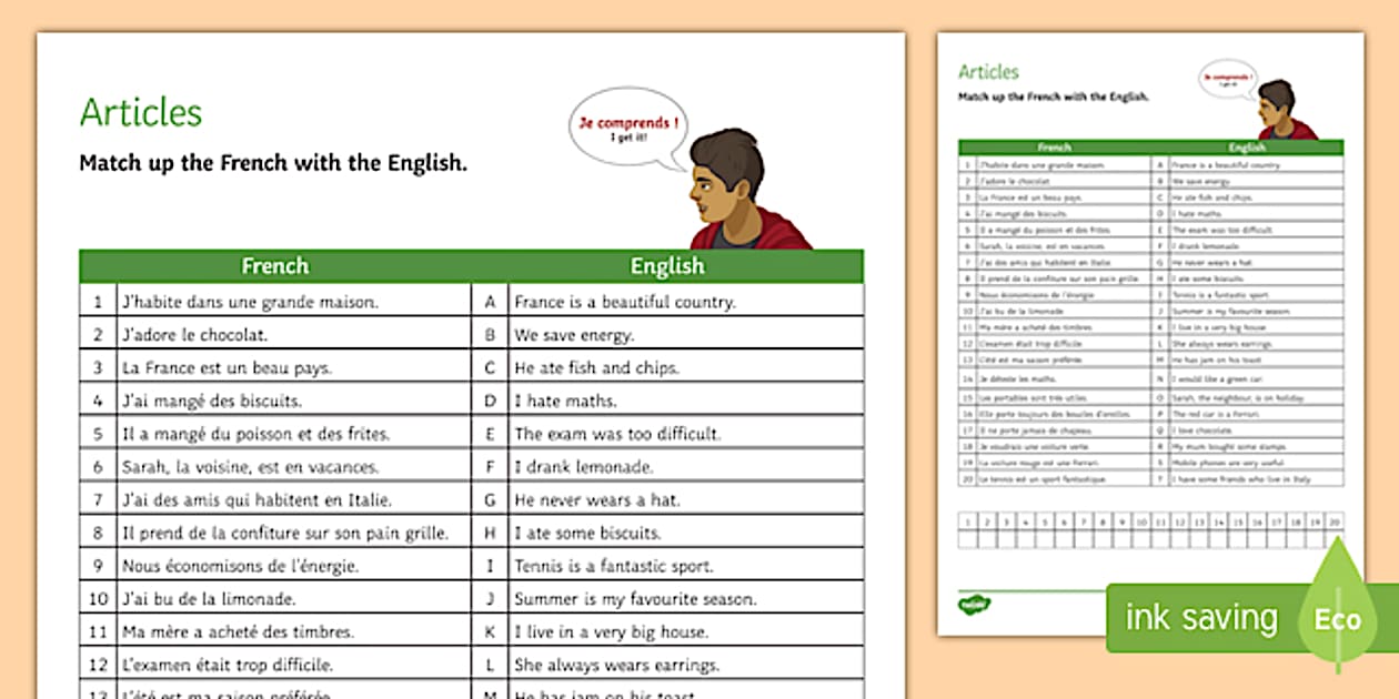 French Articles Match-Up Worksheet / Worksheet-French