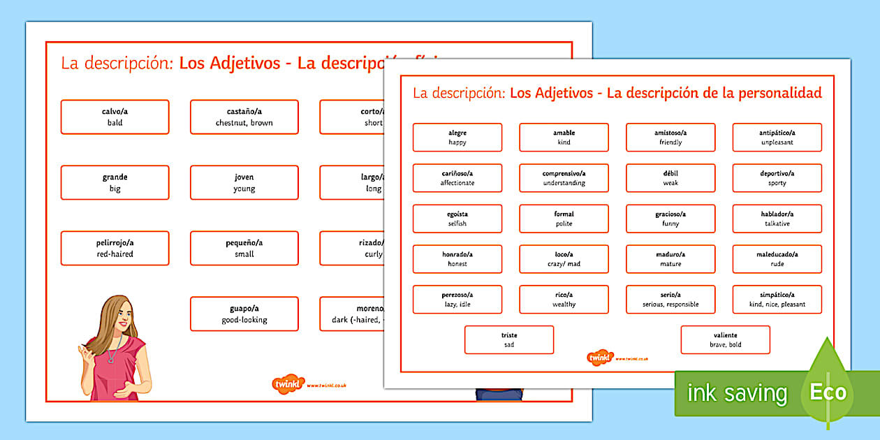 Adjectives for Physical Description and Personality Word Mat Spanish