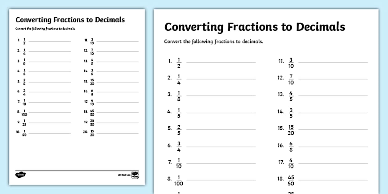 Convert Fractions to Decimals Worksheet | Math Learning