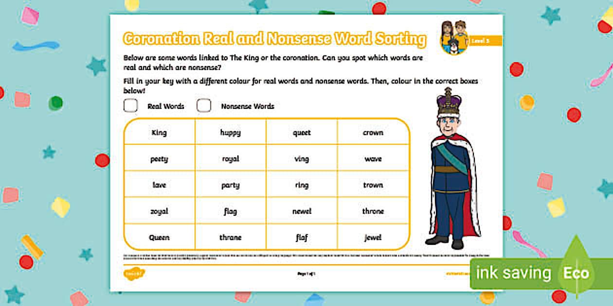 Real and Nonsense Word Sorting with Coronation-Theme - KS1