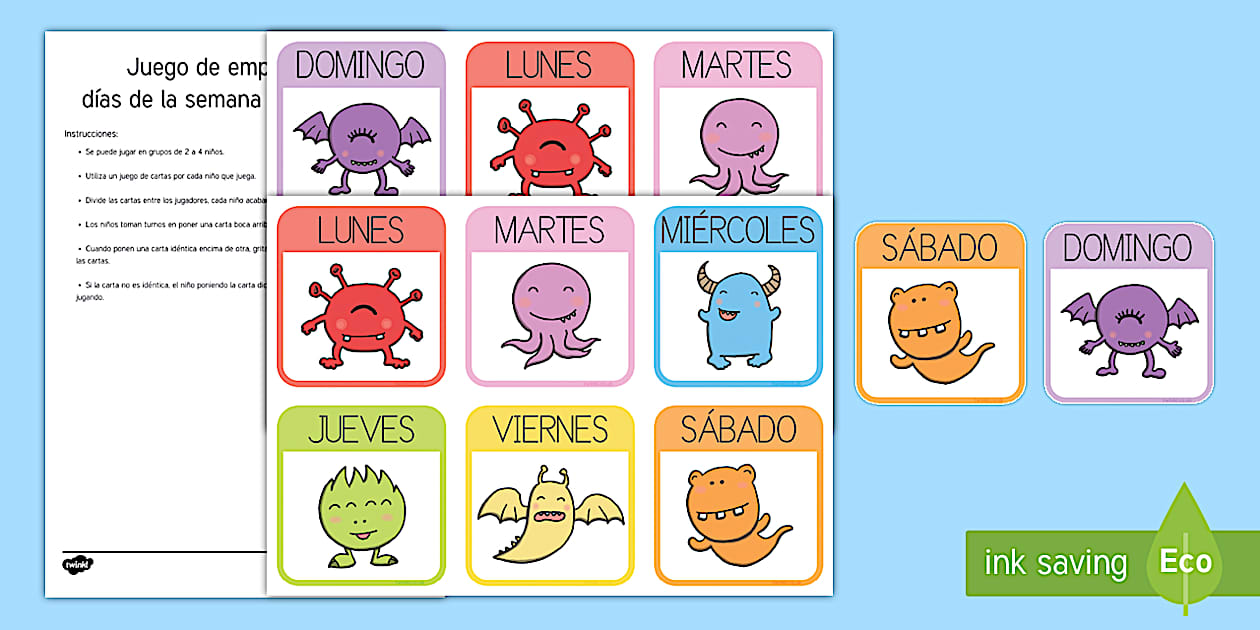 Cartas de juego temáticas: Emparejar los días de la semana - Monstruos