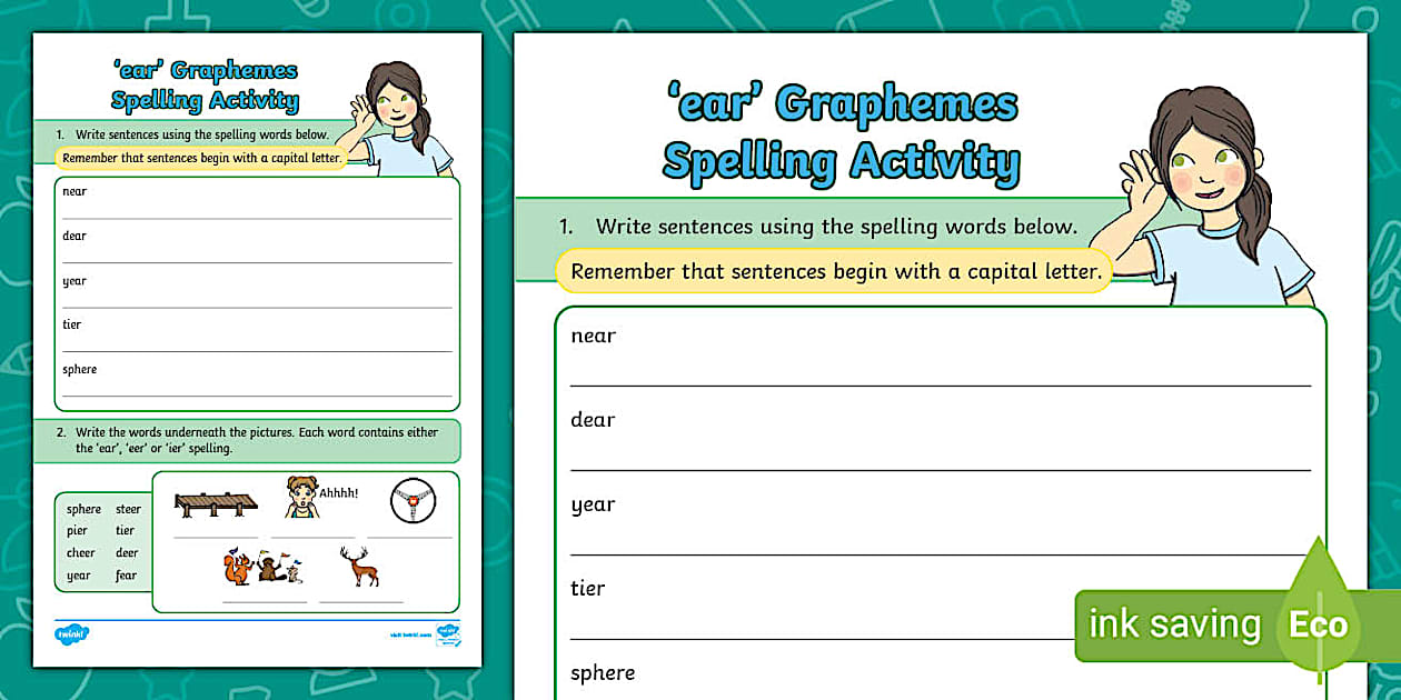 Words with ‘ear’ Sentence Activity - ear Graphemes - Twinkl