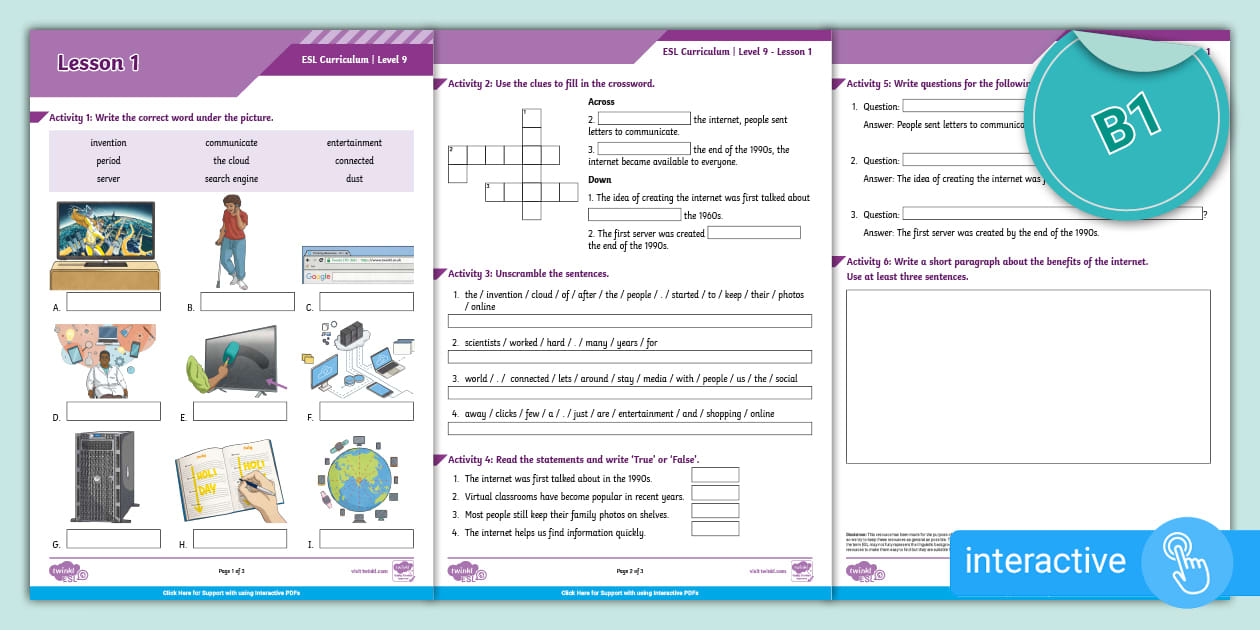ESL Curriculum Level 9, Lesson 1 Interactive Activity Sheet