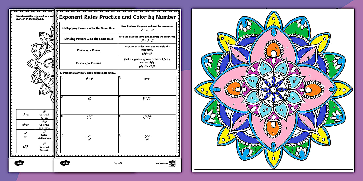 Eighth Grade Exponent Rules Practice and Color by Number