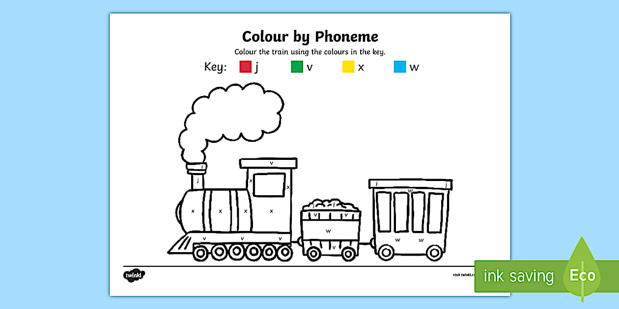 Precursive Colour by Phoneme Train Phase 3 j v w x Colouring Pages