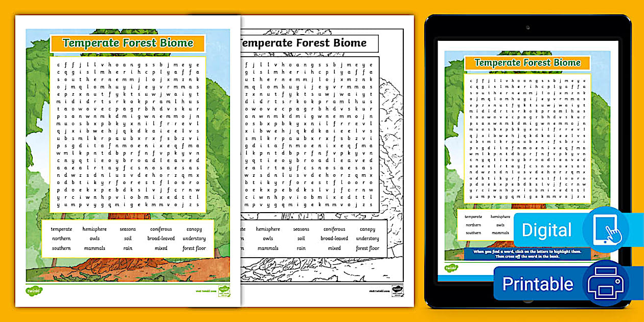 Temperate Forest Biome Word Search for 3rd-5th Grade