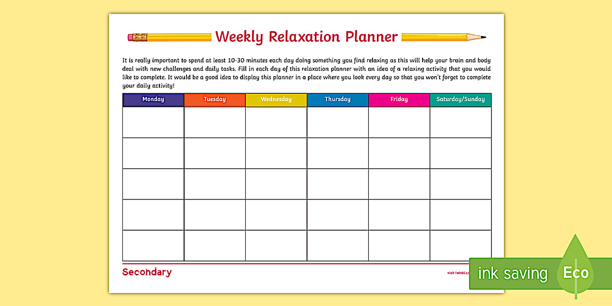 Weekly Relaxation Planner Worksheet (teacher made) - Twinkl