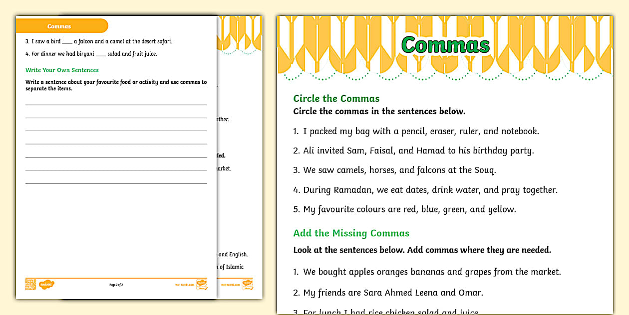 Commas Activity Sheet (teacher made) - Twinkl
