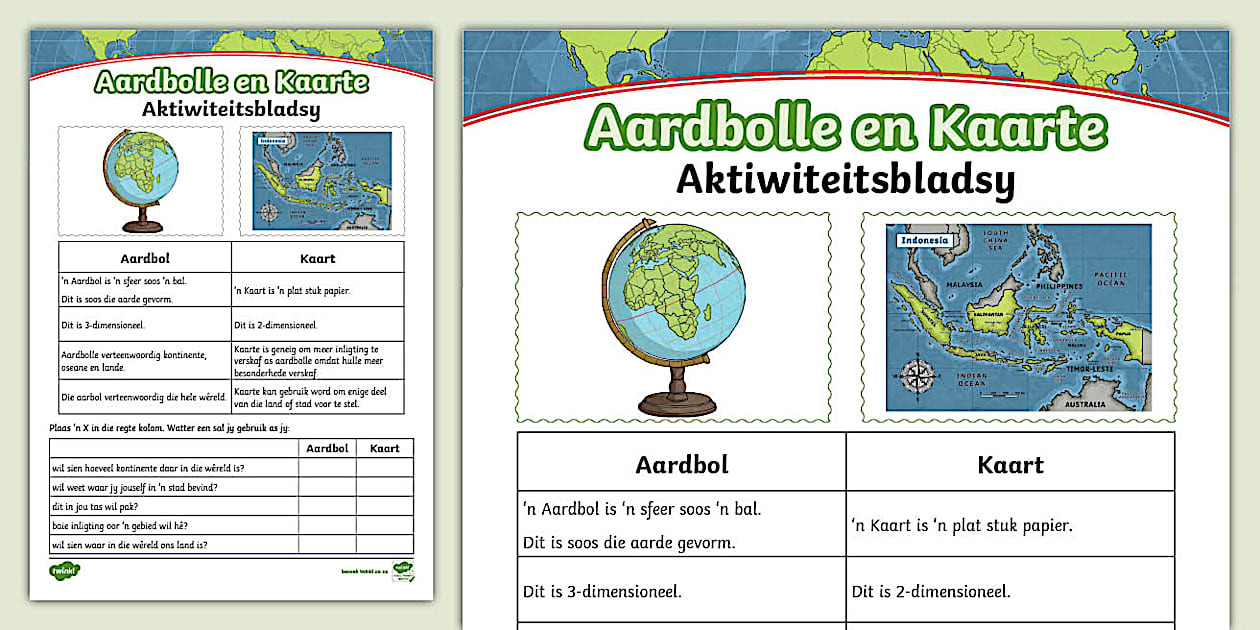 Aardbolle en Kaarte Aktiwiteit (teacher made) - Twinkl