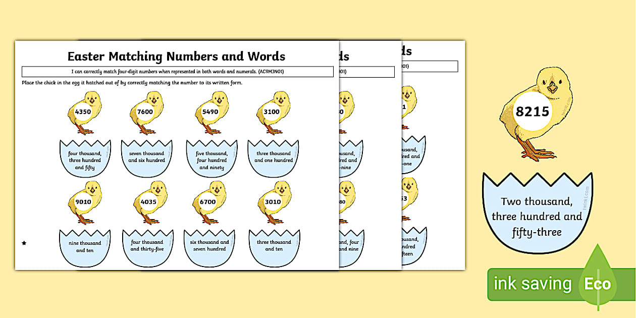Year 3 Easter-Themed Matching Numbers and Words Worksheet