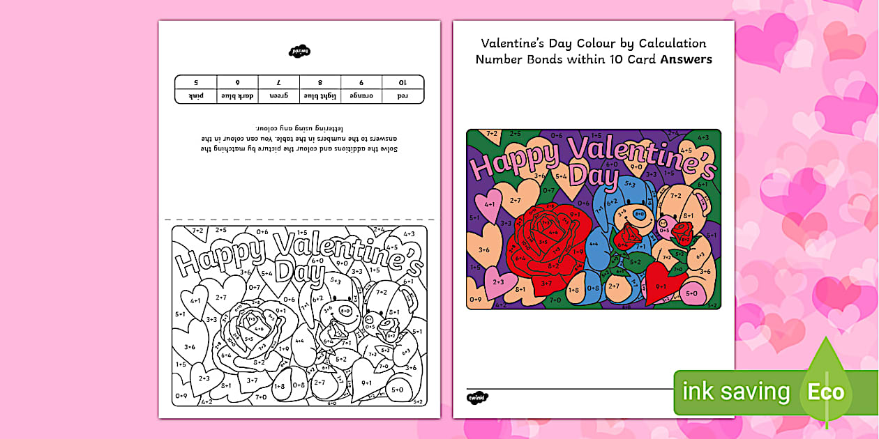 👉 Valentine's Card Colour by Calculation Bonds within 10