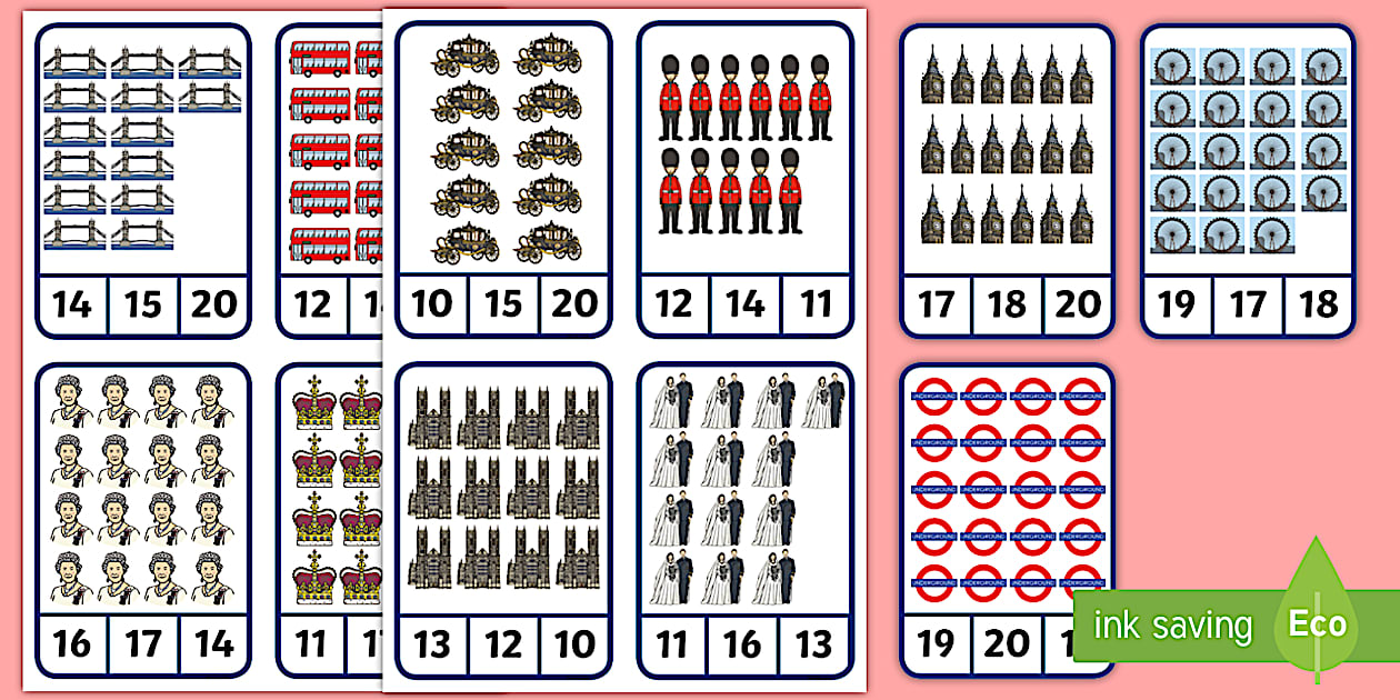 London Royal 10 - 20 Counting Peg Cards - Twinkl