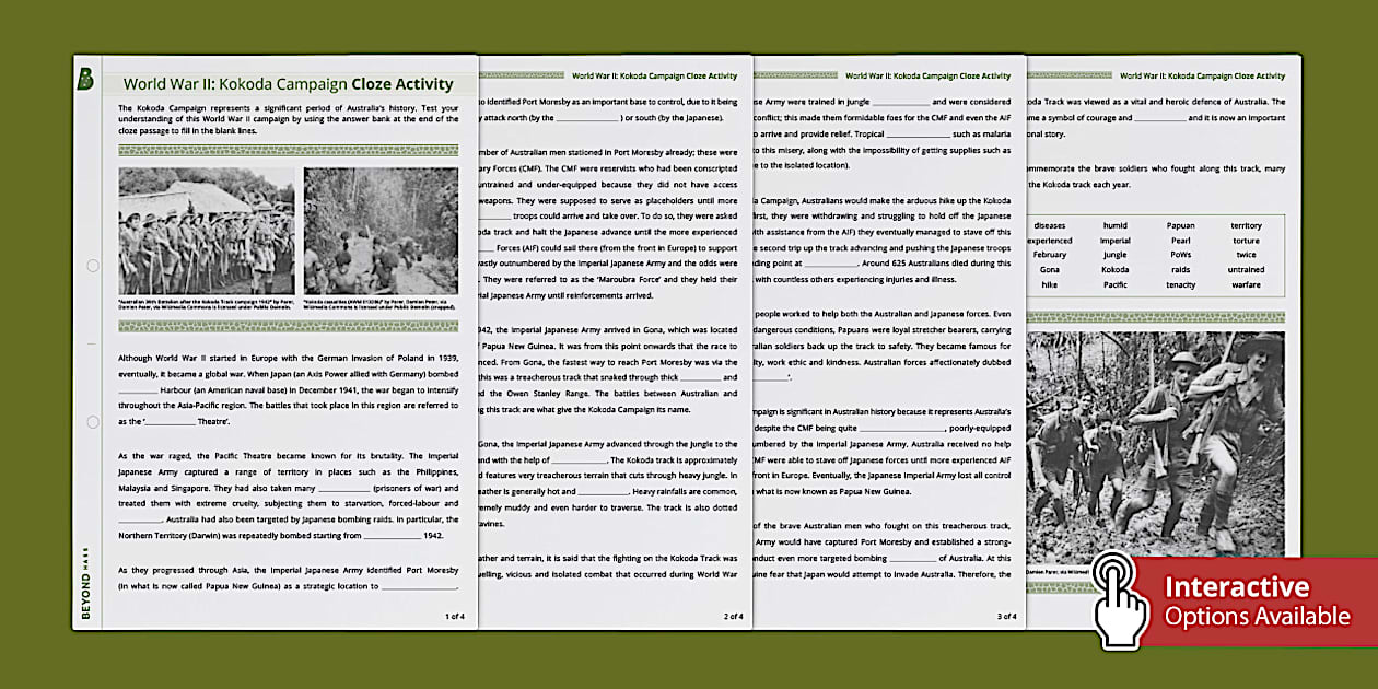 World War II: Kokoda Campaign Cloze Activity (Teacher-Made)
