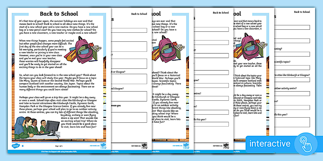 * NEW * Interactive PDF: Back to School Reading Comprehension