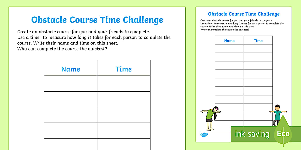Obstacle Course Time Challenge Record Sheet Worksheet / Worksheet