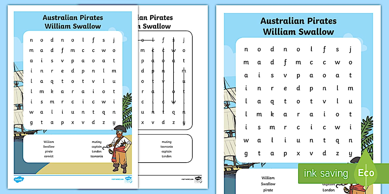 Australian Pirates - William Swallow Word Search - Twinkl