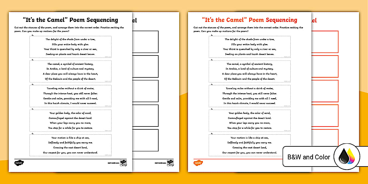 It's the Camel Poem Sequencing Worksheet - Twinkl