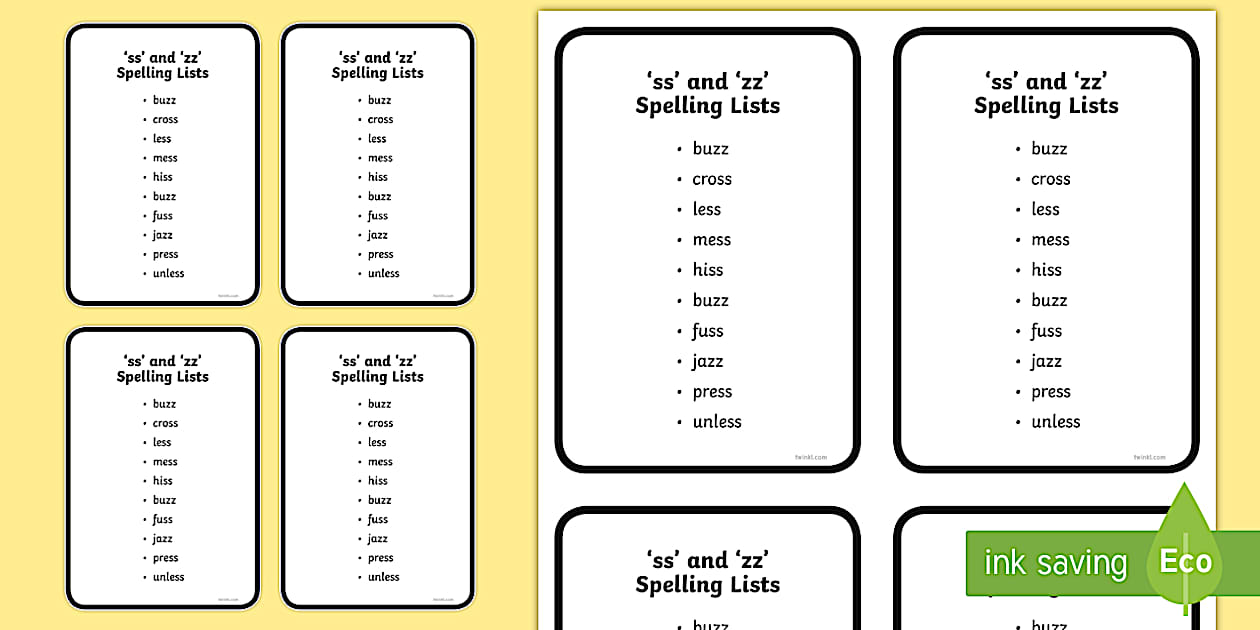 ‘ss’ and ‘zz’ Words - Sound Spelling List Cards