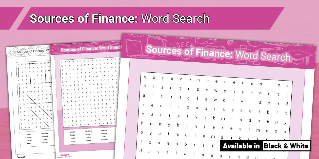 Sources of Finance Word Search