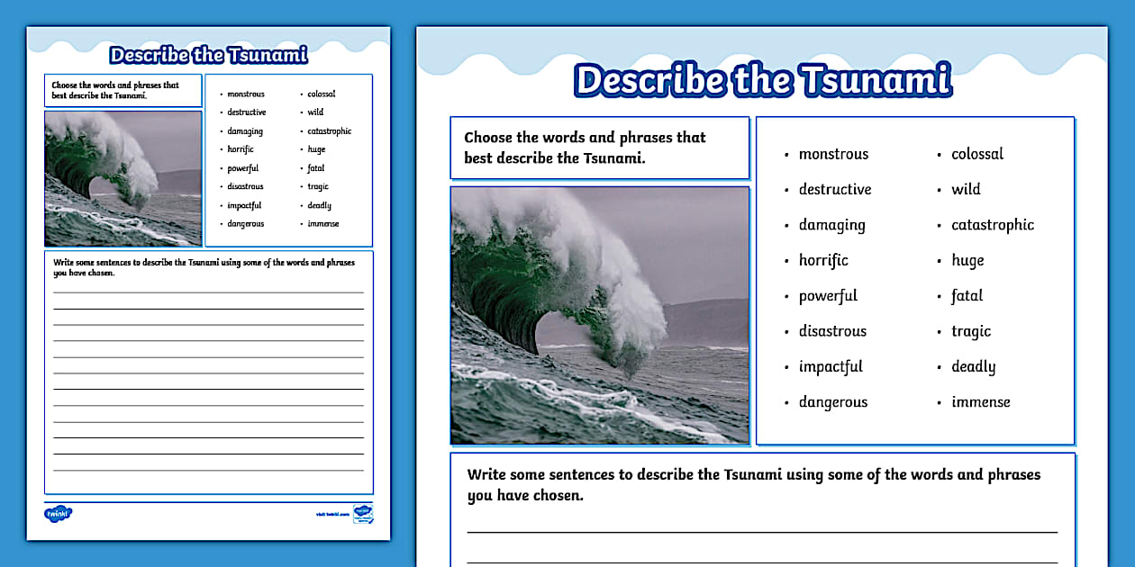 Describe the Tsunami Worksheet (teacher made) - Twinkl
