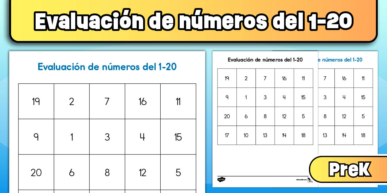 Hoja de evaluación de números del 1-20 para prekínder