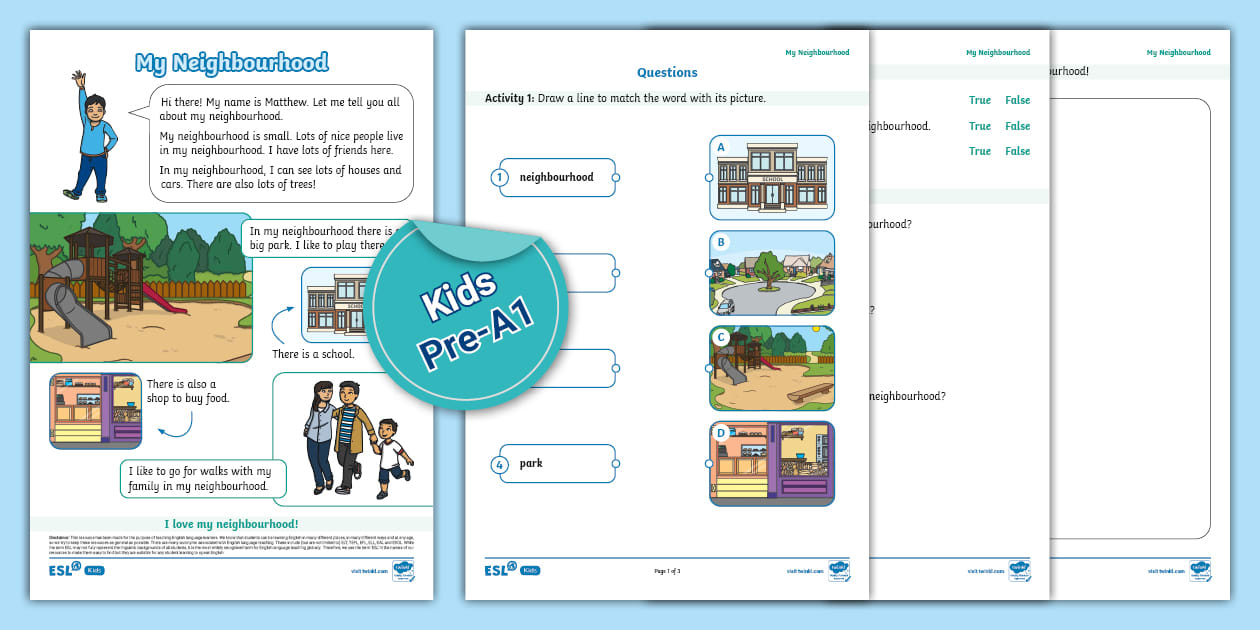 ESL My Neighbourhood Reading Comprehension for Kids - Twinkl