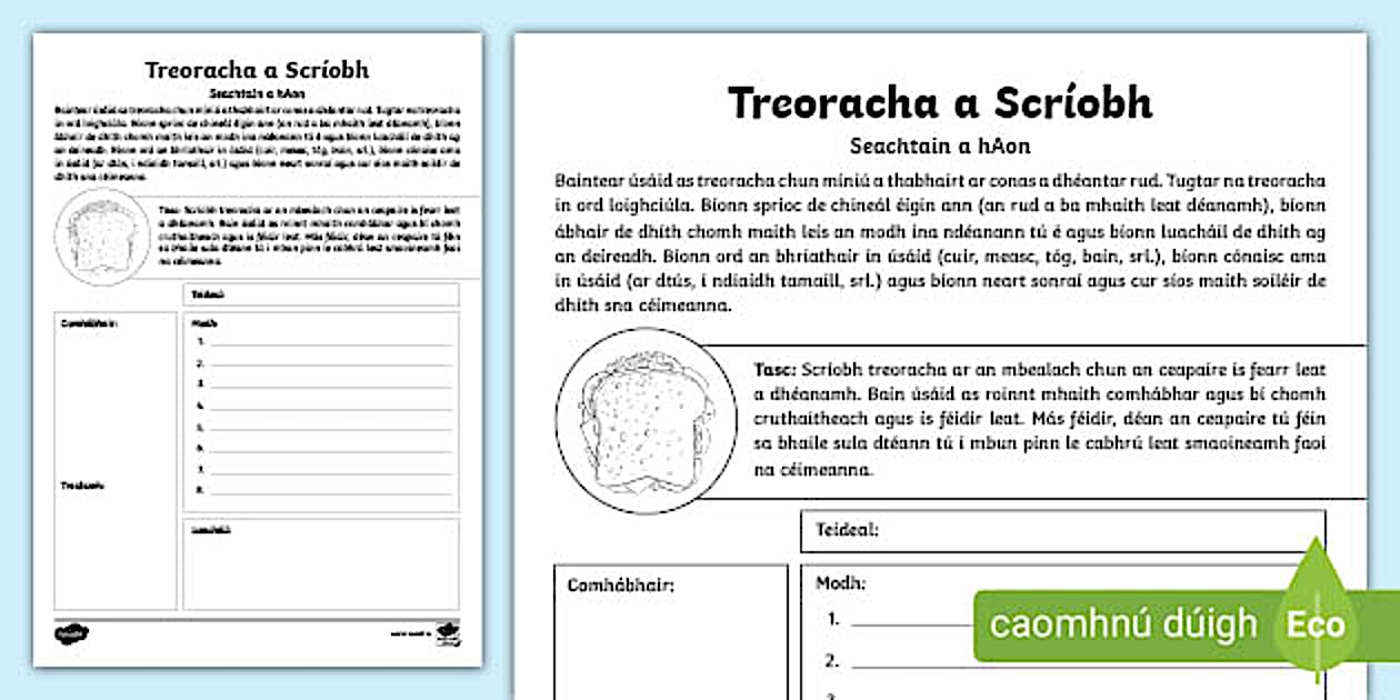 Treoracha a Scríobh Seachtain a hAon Obair Bhaile - Bileog Oibre