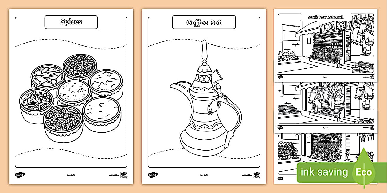 Souk Role Play Pack Colouring Sheets (teacher made) - Twinkl