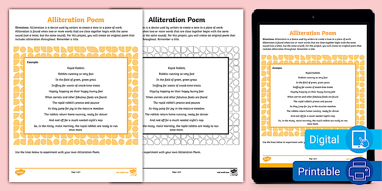 Eighth Grade Alliteration Poem Worksheet (teacher made)