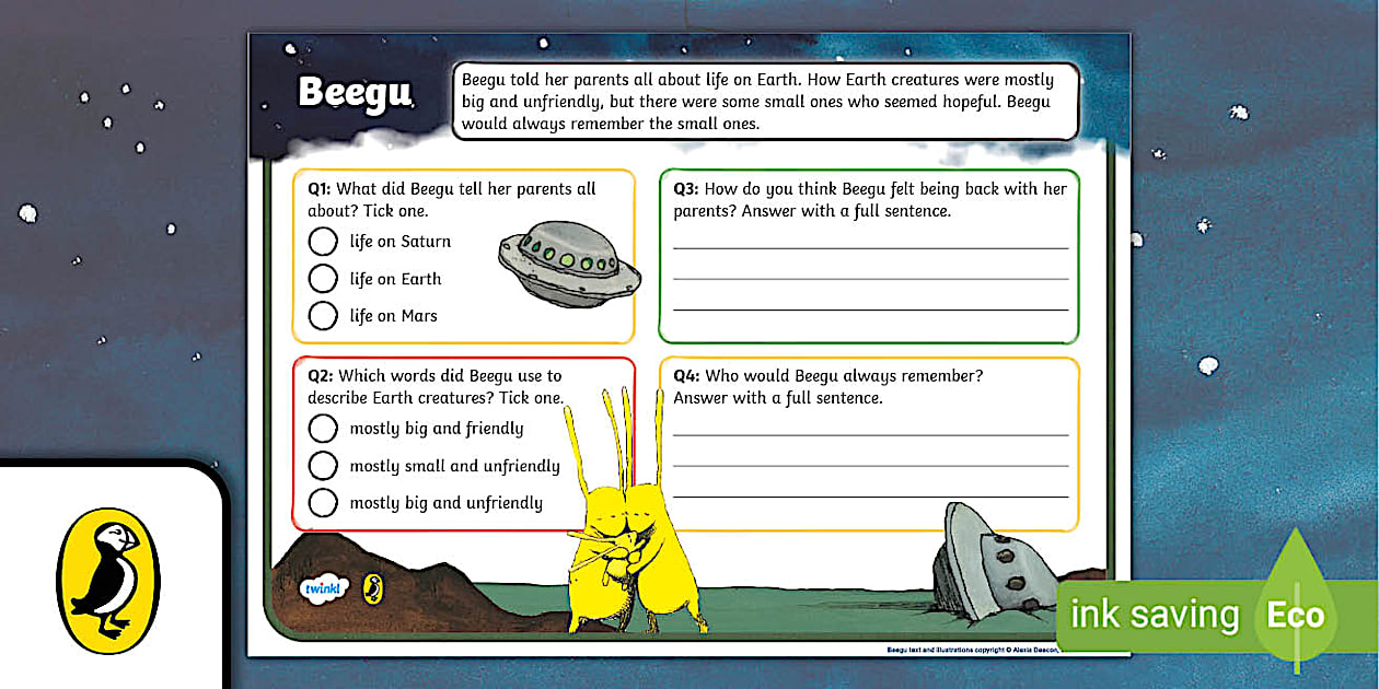 FREE! - Beegu Reading Comprehension Mat | Puffin Books | Twinkl