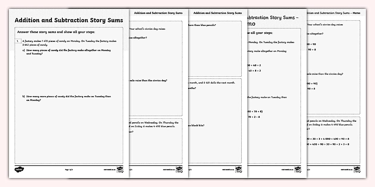 Grade 4 Addition and Subtraction Story Sums Activity Sheet