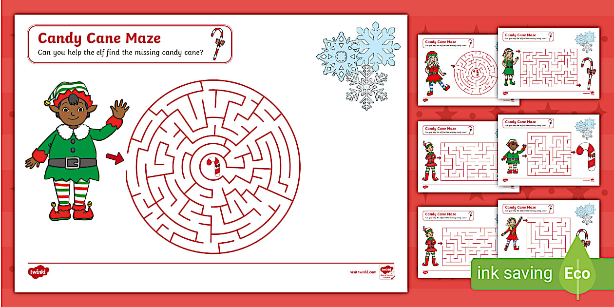 Candy Cane Maze Activity Worksheets|Maze Activity Worksheets