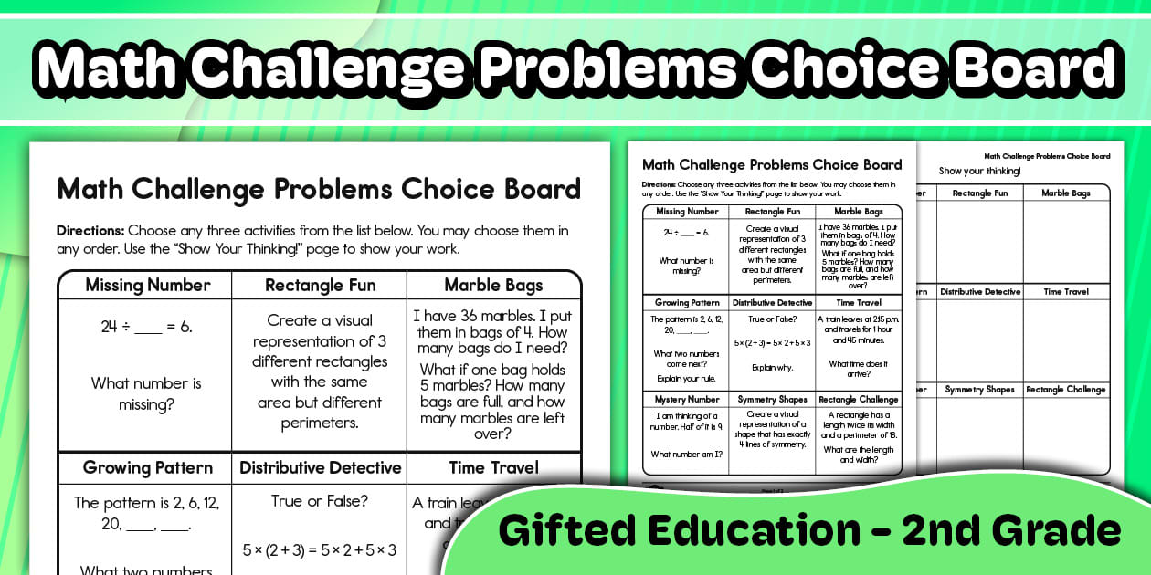 Math Challenge Problems Choice Board for Gifted Education