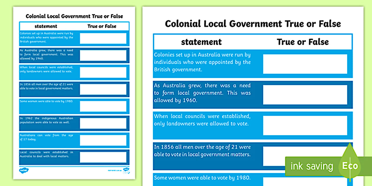 Colonial Local Government True or False Worksheet - Twinkl