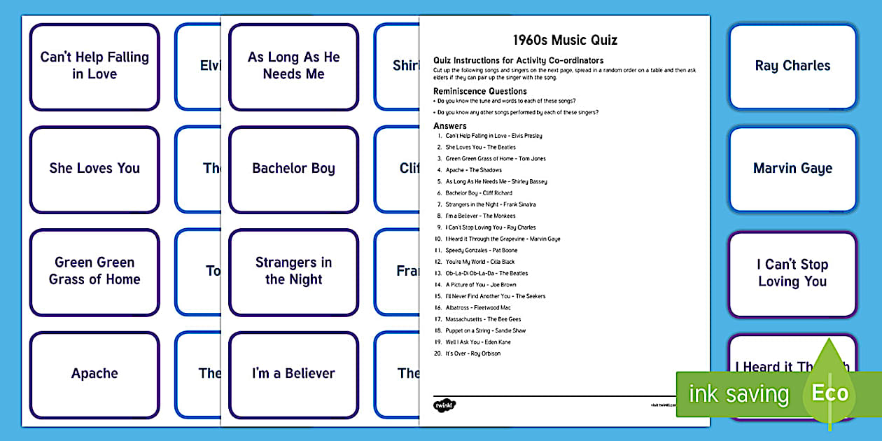 1960s Music Quiz Matching Cards (Teacher-Made) - Twinkl
