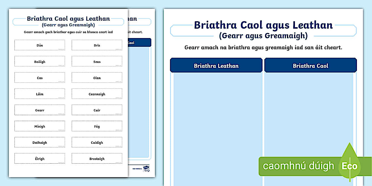 Briathar Caol agus Leathan (Gearr agus Greammaigh) - Twinkl
