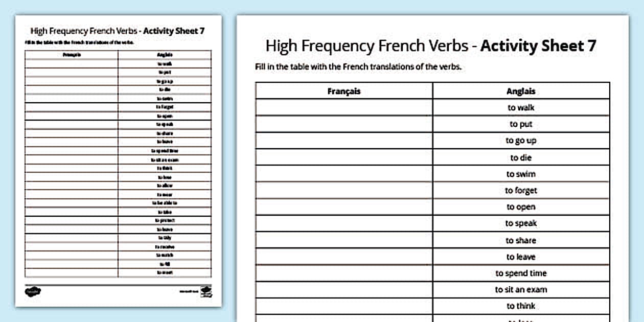 100 High Frequency French Verbs Worksheet / Worksheet 7