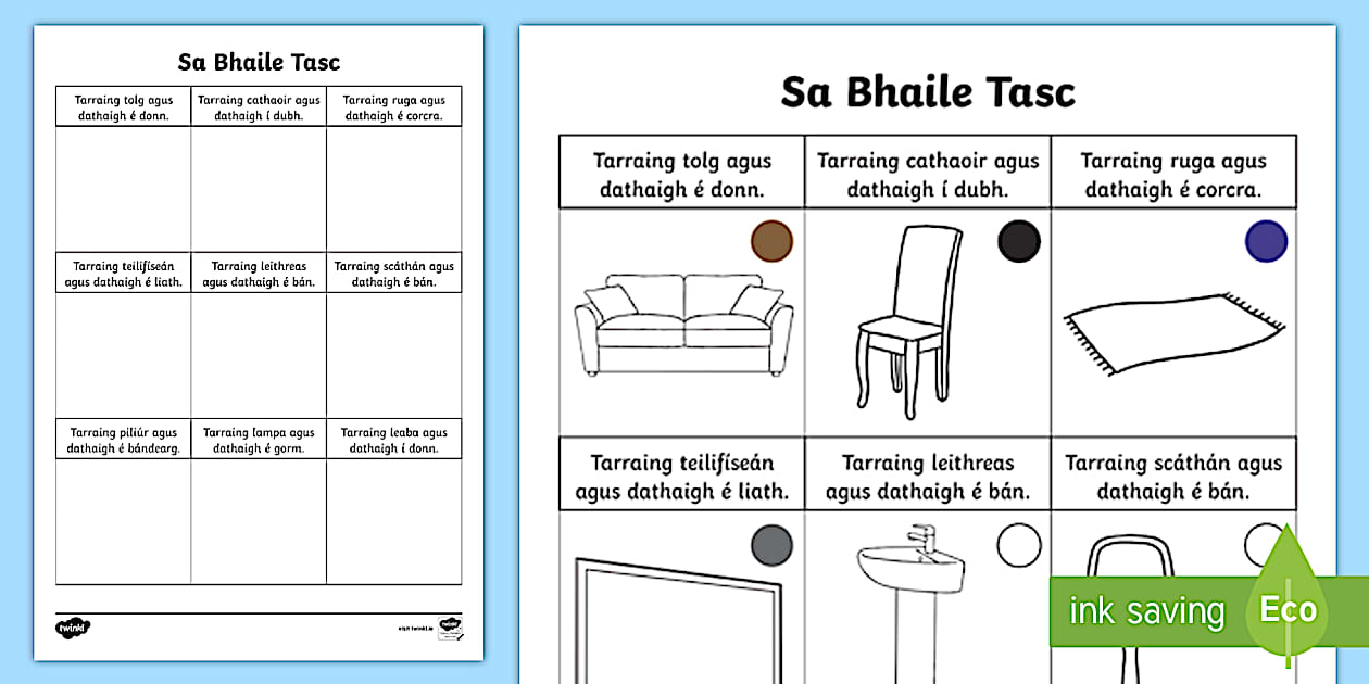 Editable Drawing and Colouring Items in the House Gaeilge Worksheets