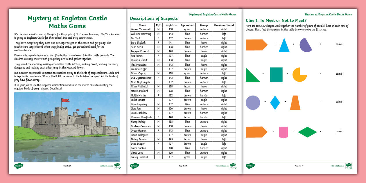 Year 3 The Mystery at Eagleton Castle Maths Mystery Game