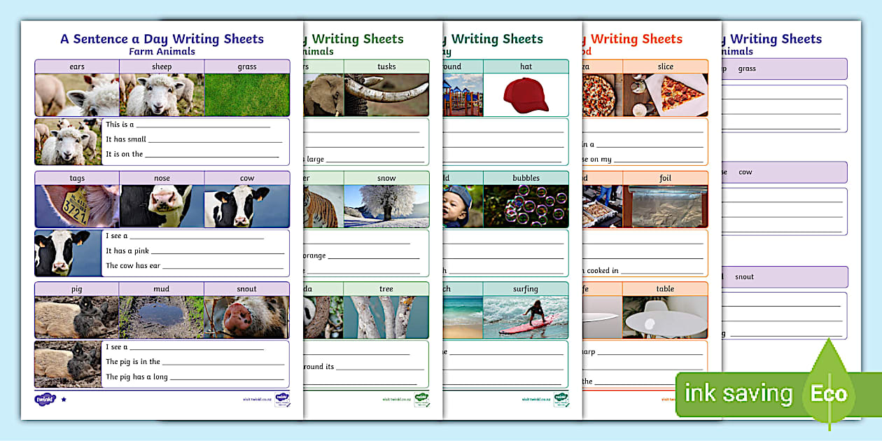 Level 1 (Phase 1) Sentence a Day Differentiated Writing Sheets (Set 2)