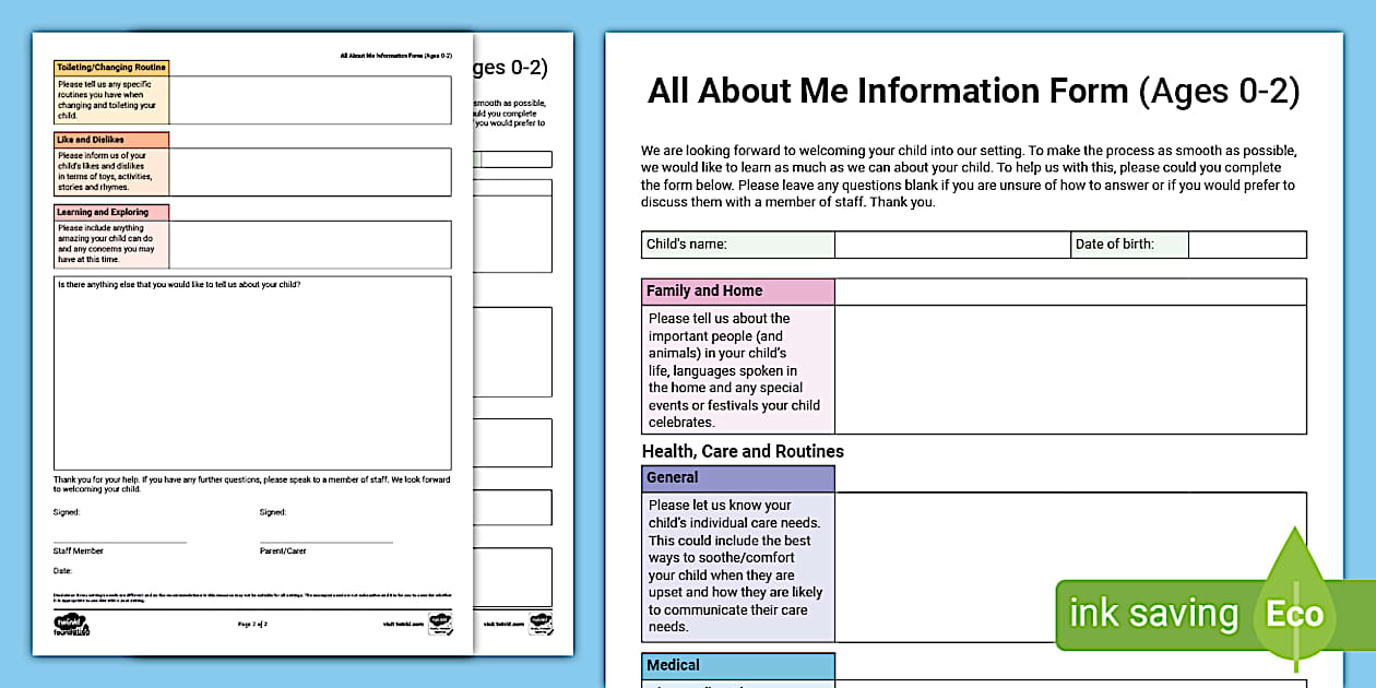 Kindergarten All About Me Information Form (Ages 0-2) | Twinkl