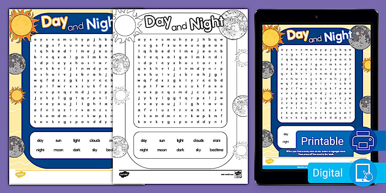 Day and Night Word Search for K-2nd Grade (teacher made)