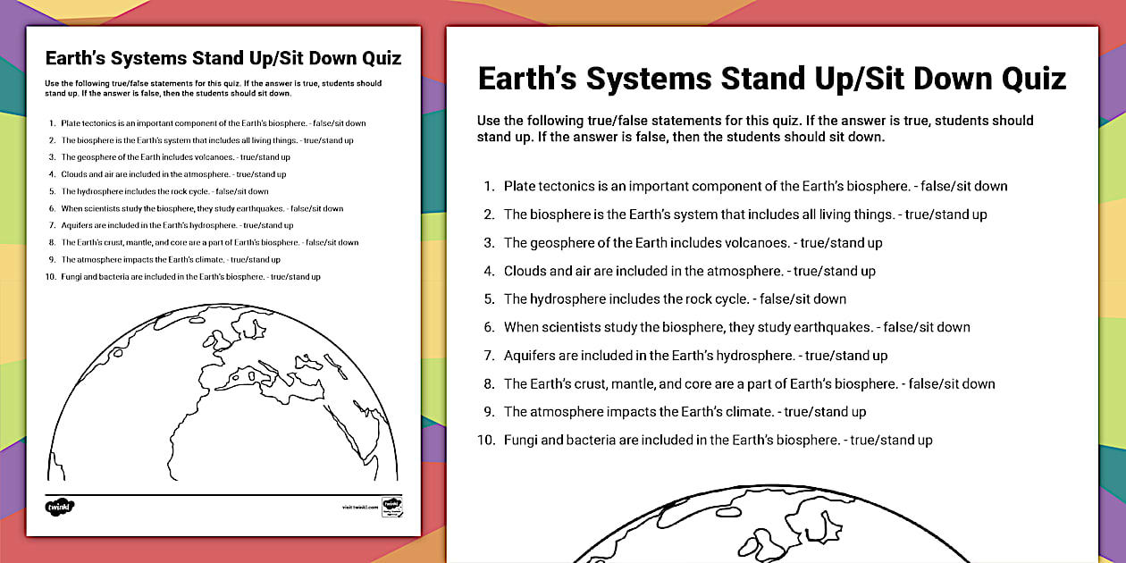 Earth's Systems Stand Up/Sit Down Quiz (Teacher-Made)